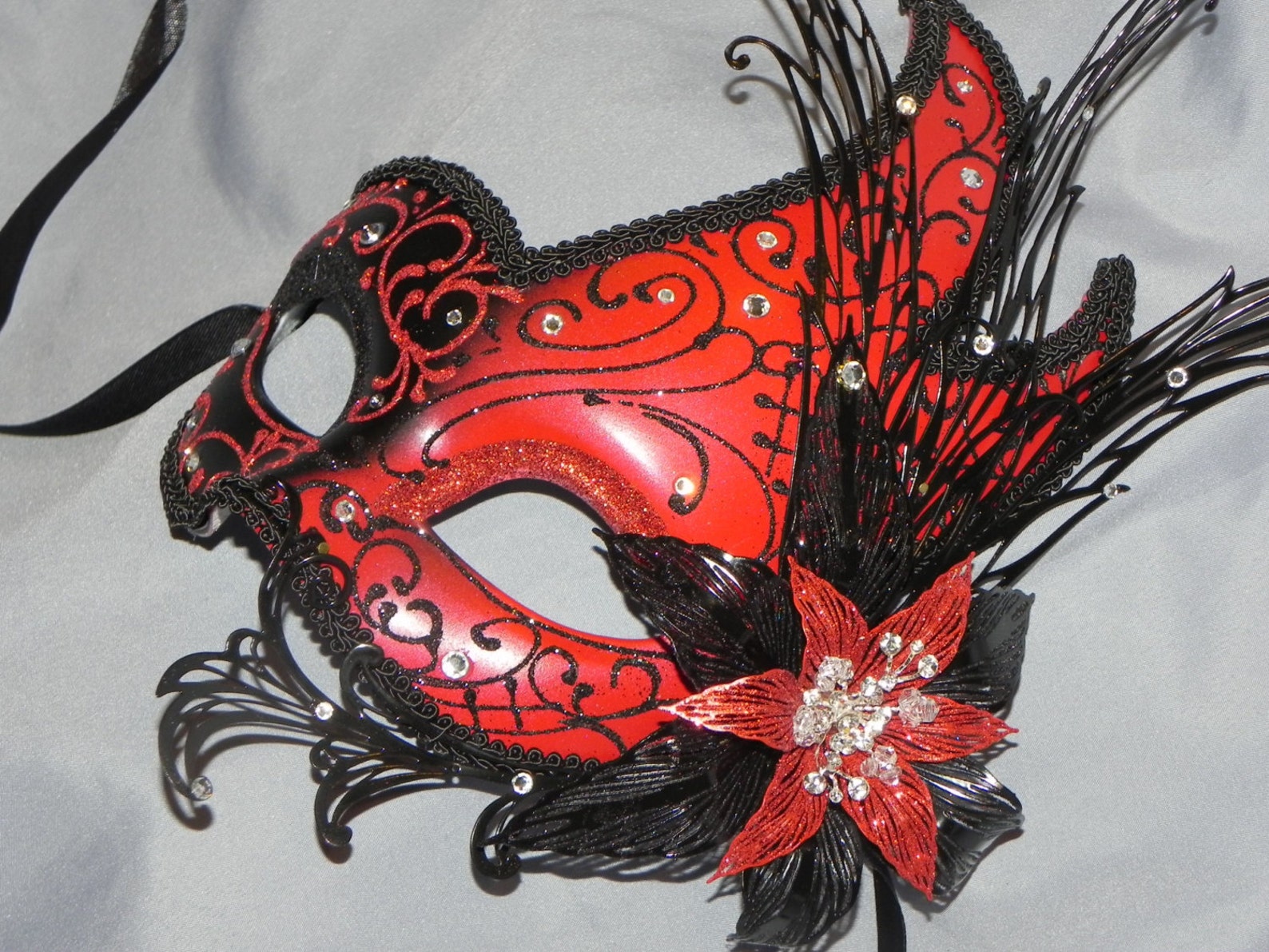 Red and Black Luna Mask With Metal Flower Detailing - Etsy