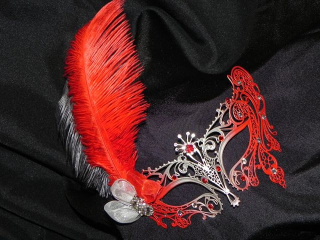 Metal Masquerade Mask With Red and Silver Feathers and Rhinestones - Etsy