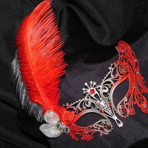 Metal Masquerade Mask With Red and Silver Feathers and Rhinestones - Etsy