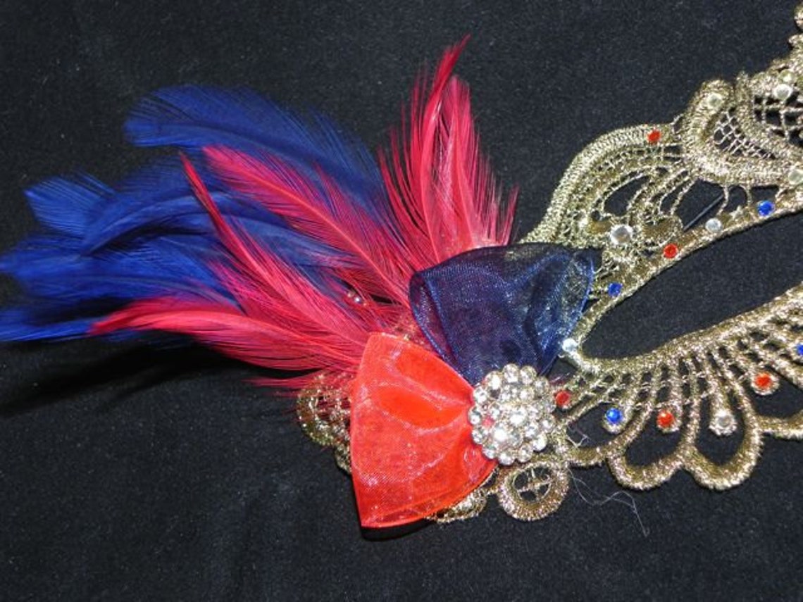 Gold Lace Masquerade Mask With Red and Navy Accents - Etsy