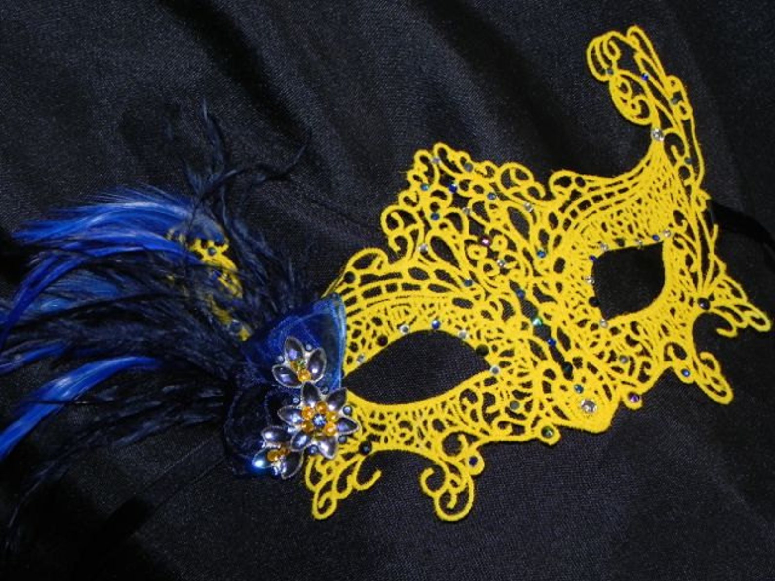 Yellow Lace Mask With Navy Blue Feathers and Accents - Etsy