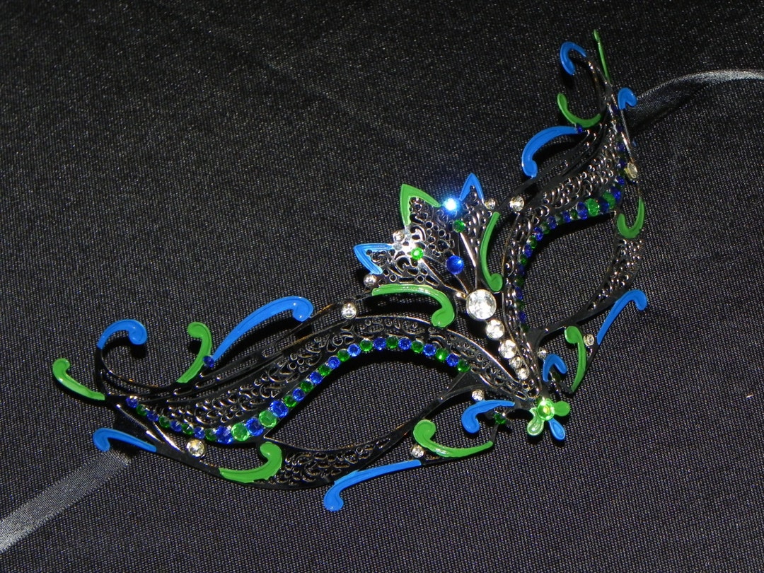 Flora Metallic Filigree Masquerade Mask With Green and Blue Accents - Etsy