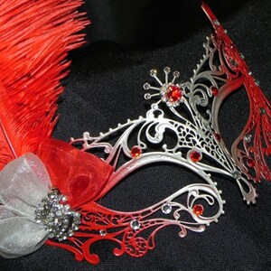 Metal Masquerade Mask With Red and Silver Feathers and Rhinestones - Etsy
