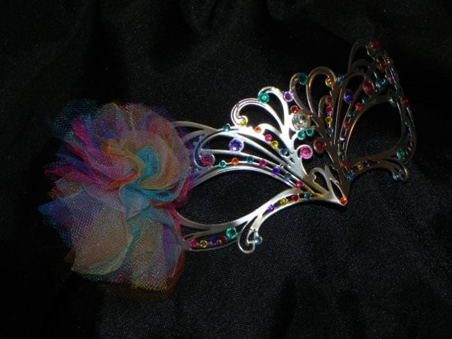 Silver Metallic Mask With Multi Color Stone and Tulle Floral | Etsy