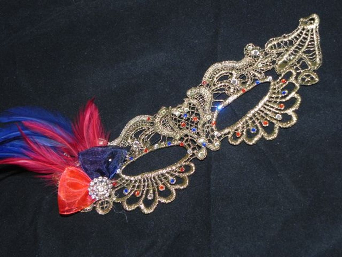 Gold Lace Masquerade Mask With Red and Navy Accents - Etsy