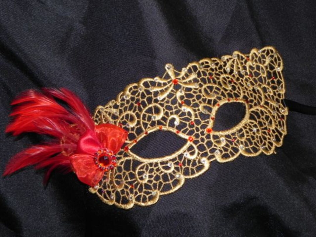Gold Lace Mask With Floral Design and Red Accents - Etsy