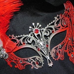Metal Masquerade Mask With Red and Silver Feathers and Rhinestones - Etsy