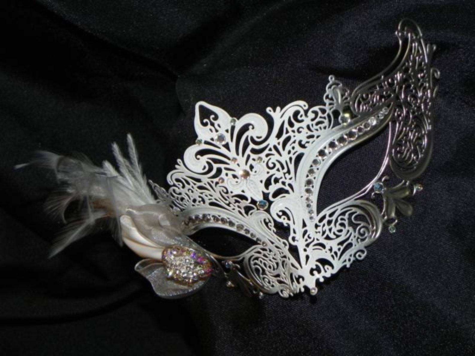 White and Silver Metallic Mask With Small Feathers - Etsy