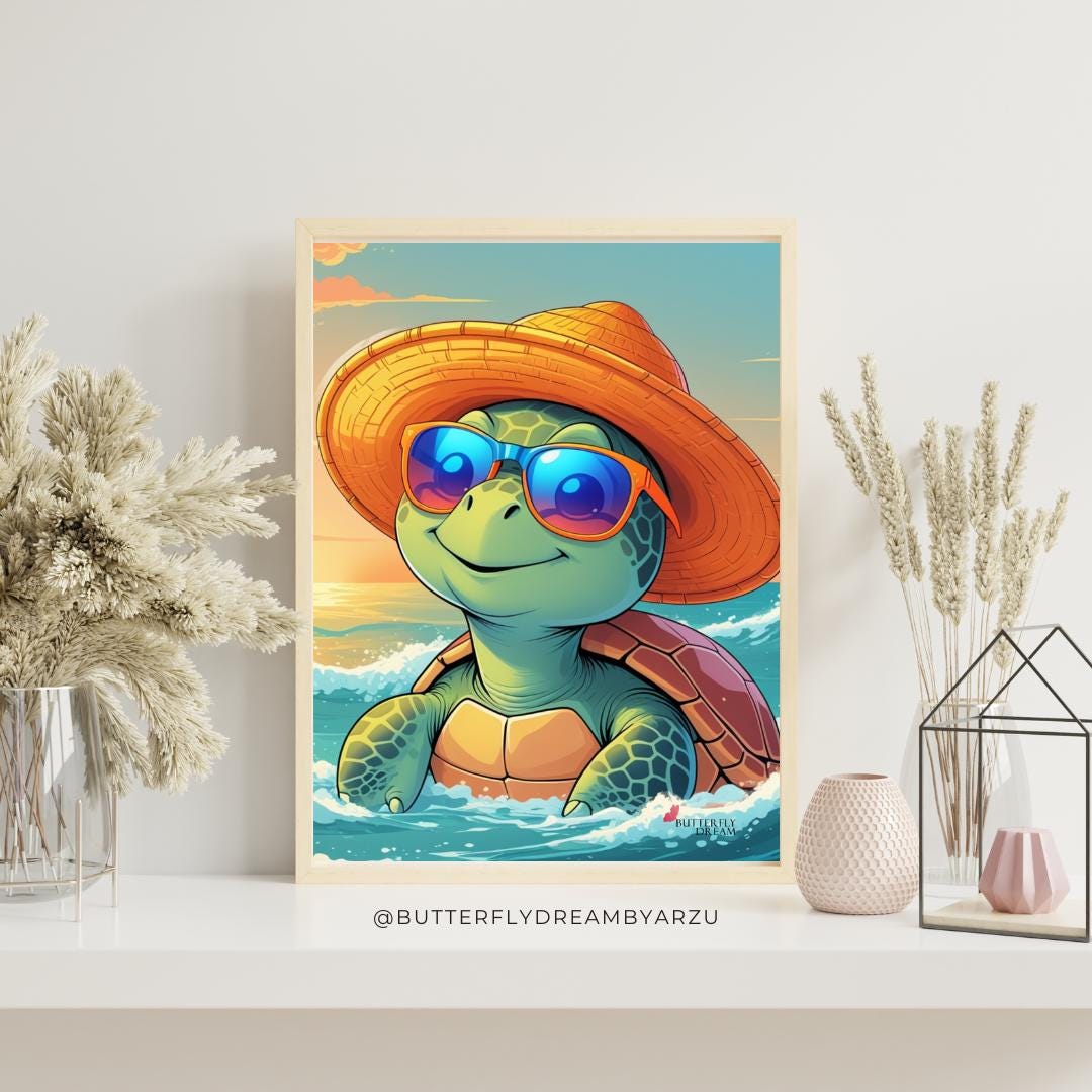 Chill Turtle Poster – Tropical Kawaii Wall Art | Cute Beach Animal ...