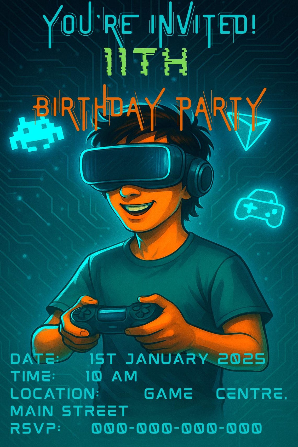 Gamer Neon Birthday Invitation | Cool Tech Arcade Canva Template | Boys ...