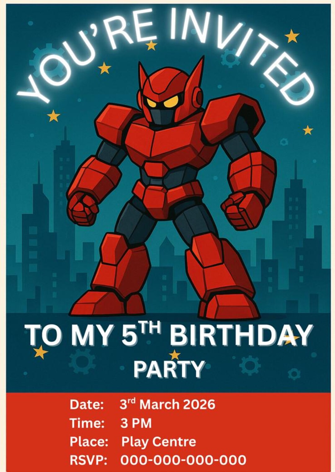 Robot Birthday Invitation | Red Mech Party Invite | Printable Boys 5th ...