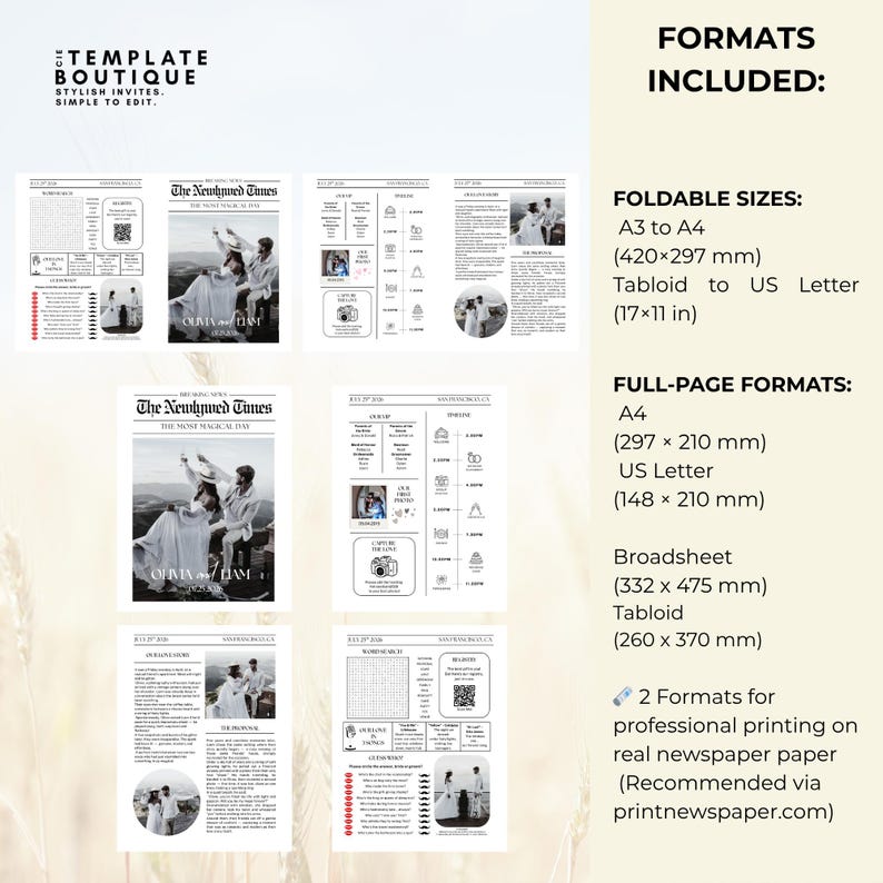 Wedding Newspaper A3, Custom Keepsake for Guests Editable Modern Canva ...