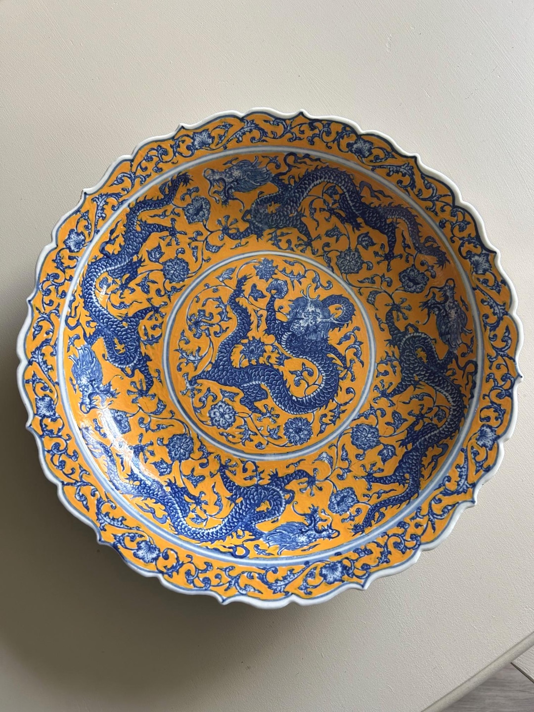 Antique Chinese Imperial Yellow & Blue Dragon Bowl Qing Dynasty ...