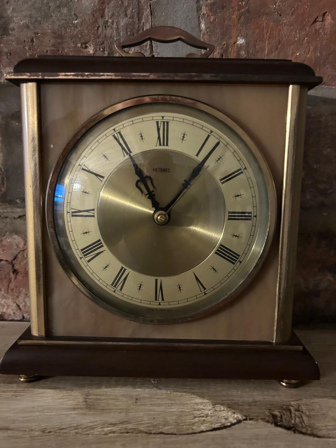 Vintage 1960s Metamec Mantel Clock in Gold Tone Metal, Dark Wood, Faux ...