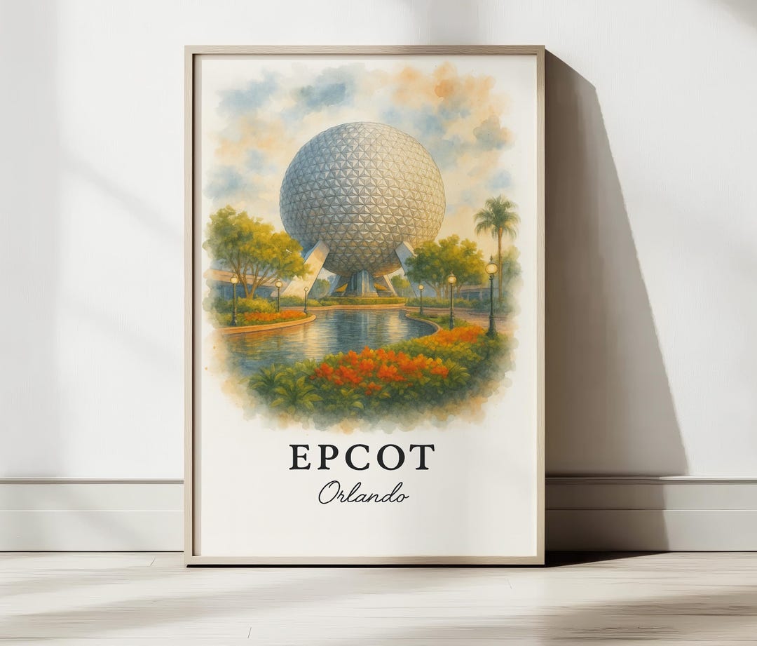 EPCOT Orlando Wall Art Print – Vintage Watercolor Spaceship Earth ...