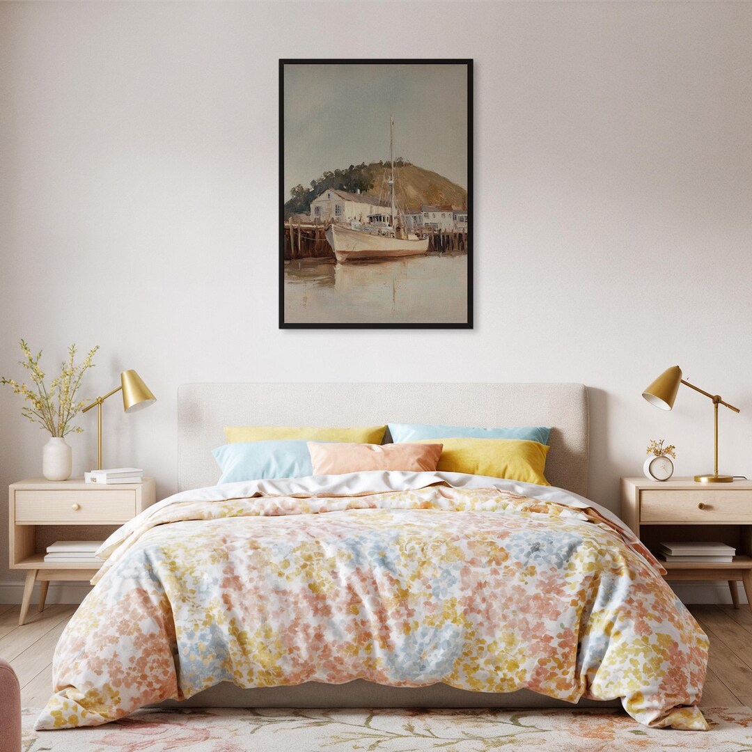 Framed Coastal Boat Dock Wall Art Print, Neutral Toned Harbor Poster ...