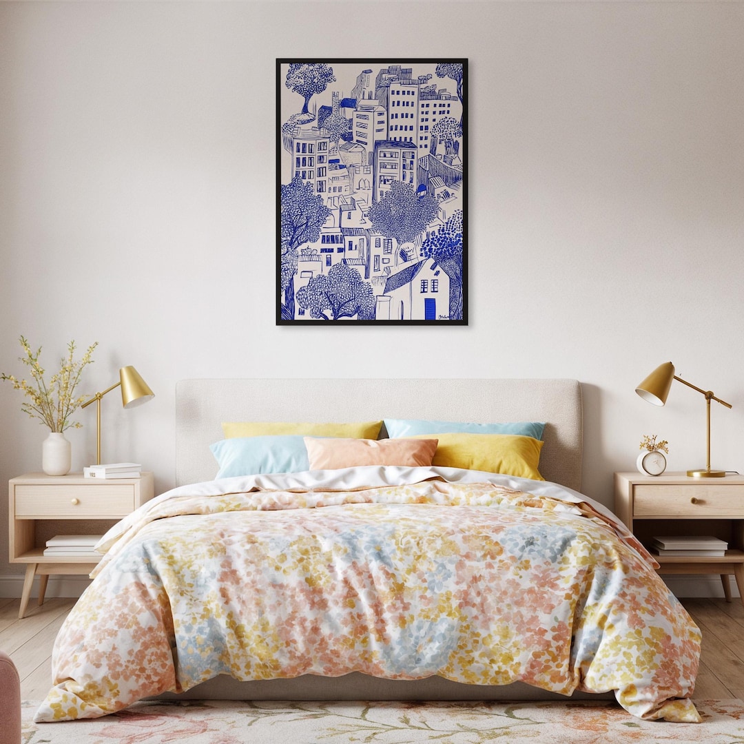 Framed Blue City Sketch Art Print, Minimal Urban Line Drawing Poster ...