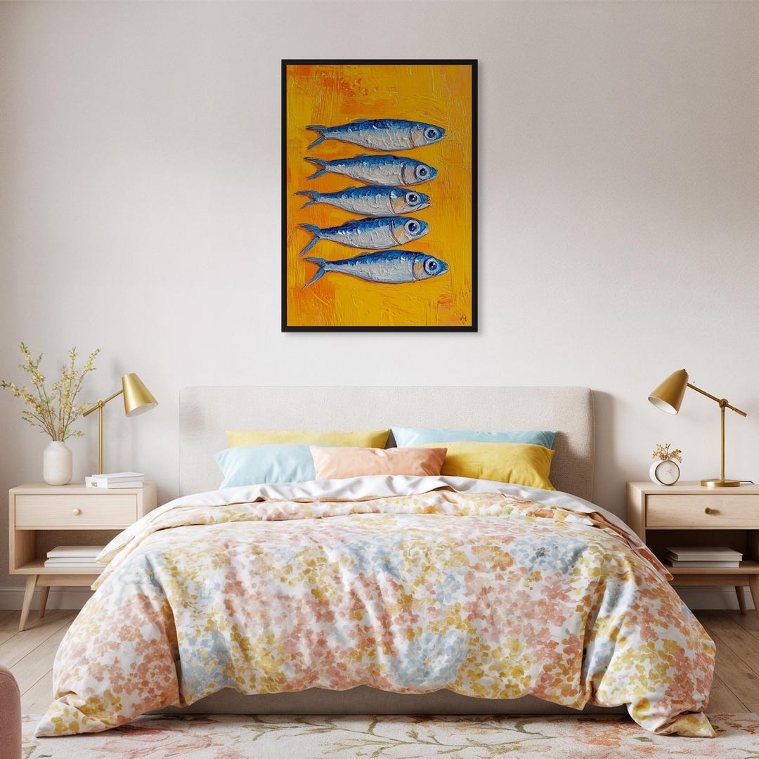 Framed Sardine Fish Wall Art Print, Yellow Coastal Kitchen Poster ...