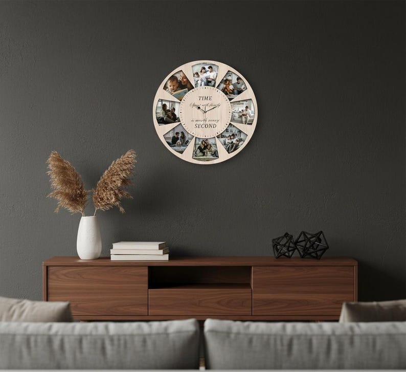 Personalized Family Photo Wall Clock With Custom Picture Slots, Rustic ...