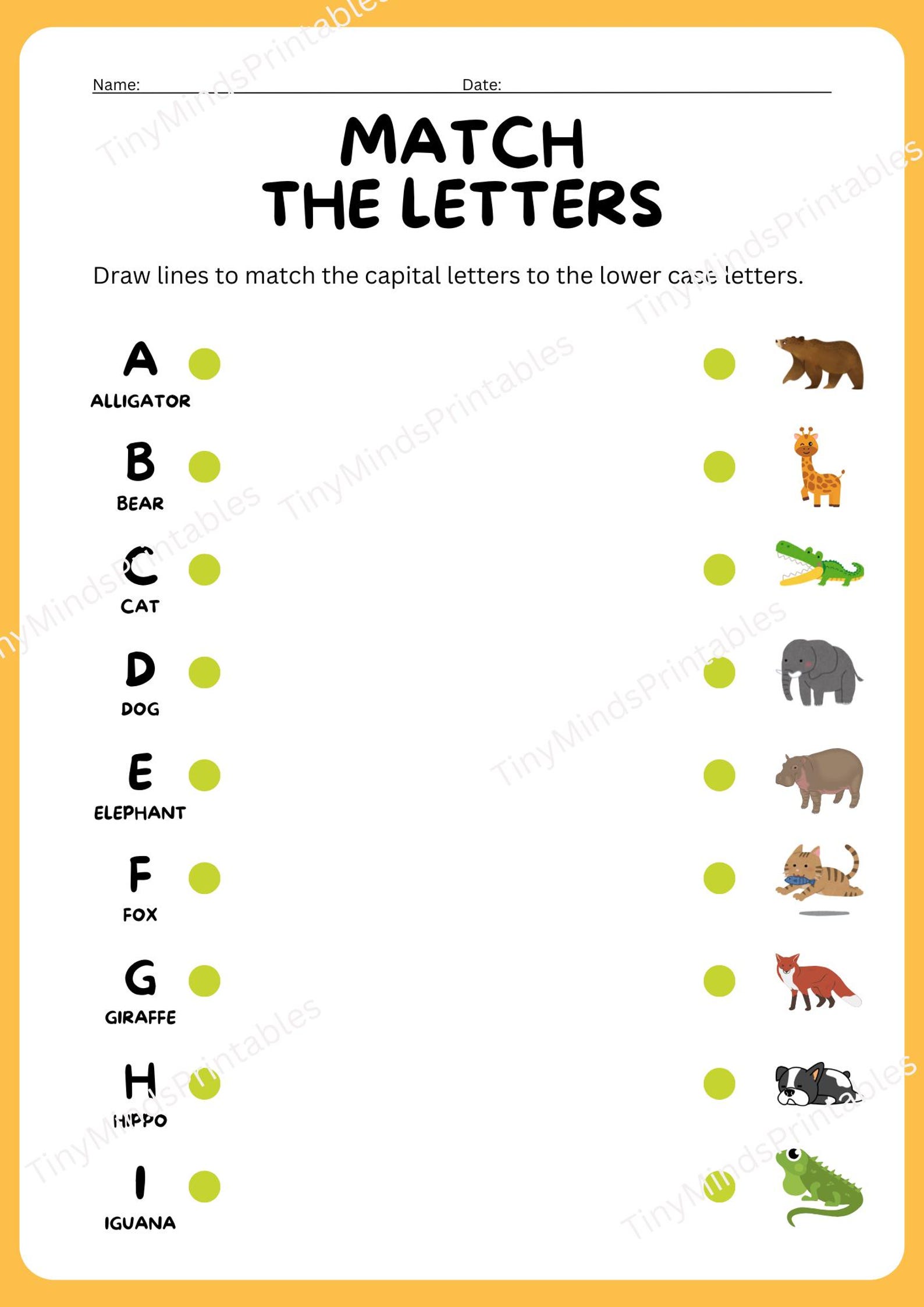 A-Z Alphabet Matching Worksheet With Animals | Printable Preschool ...