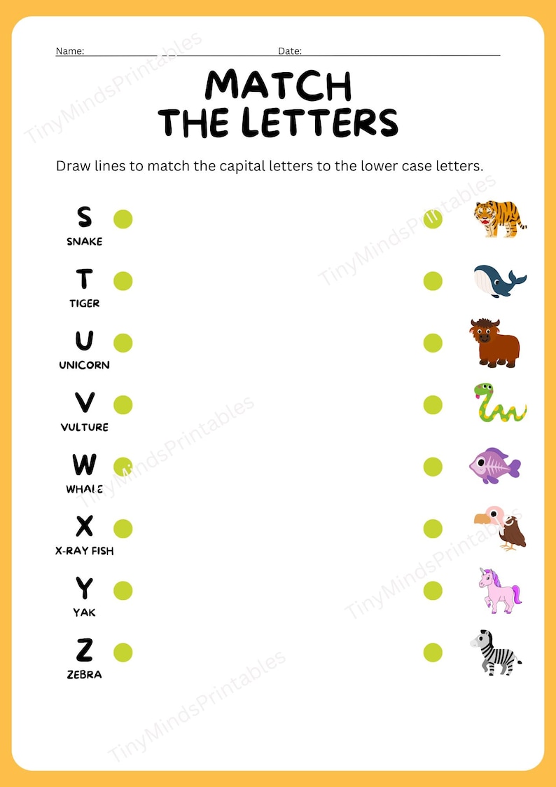 A-Z Alphabet Matching Worksheet With Animals | Printable Preschool ...