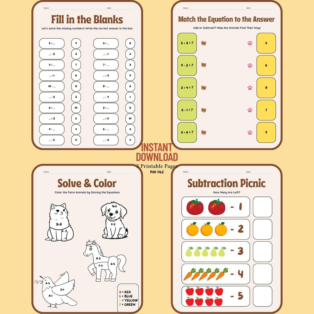 Fun Math Worksheets for Kids – Addition, Subtraction & Matching ...