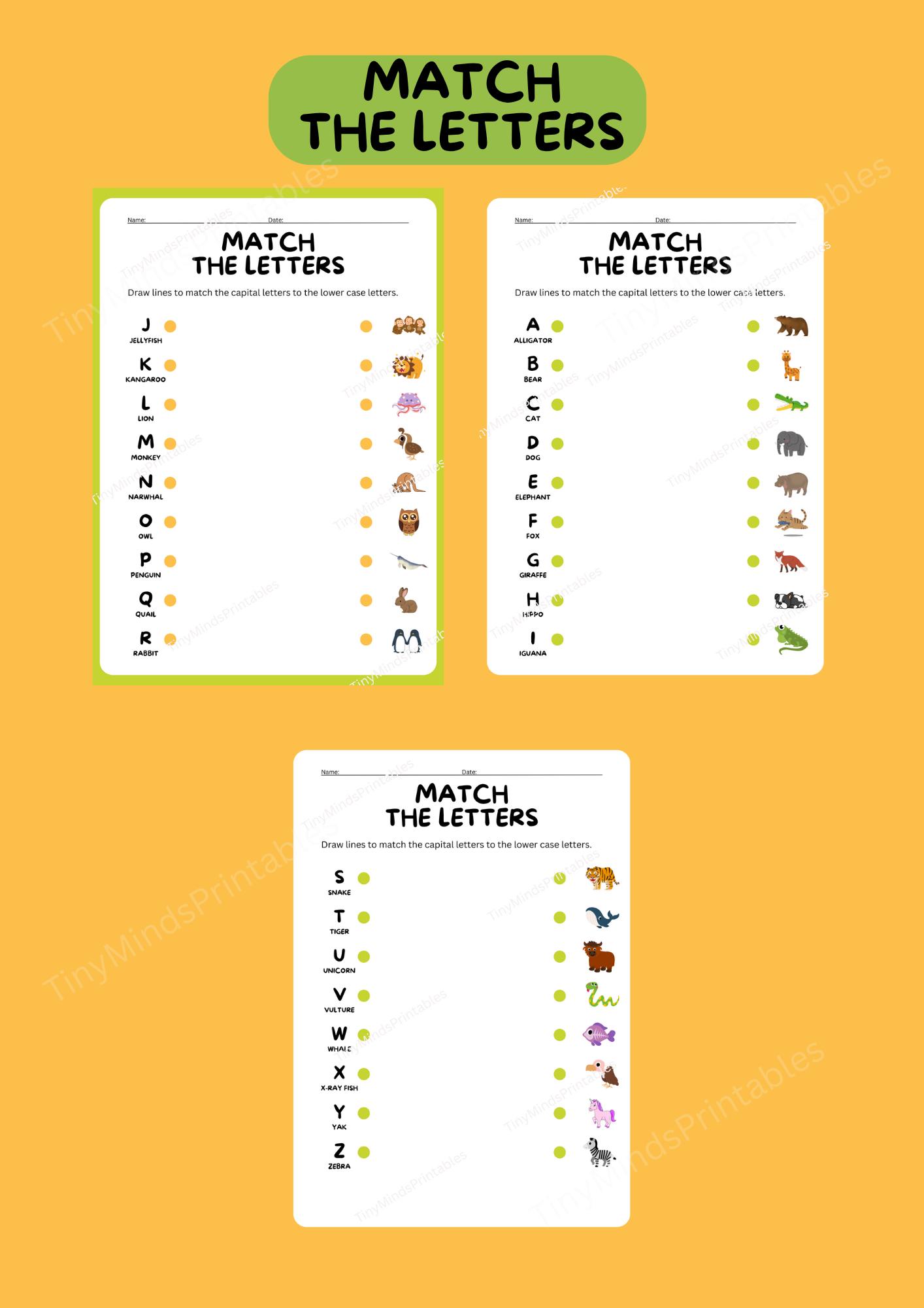 A-Z Alphabet Matching Worksheet With Animals | Printable Preschool ...