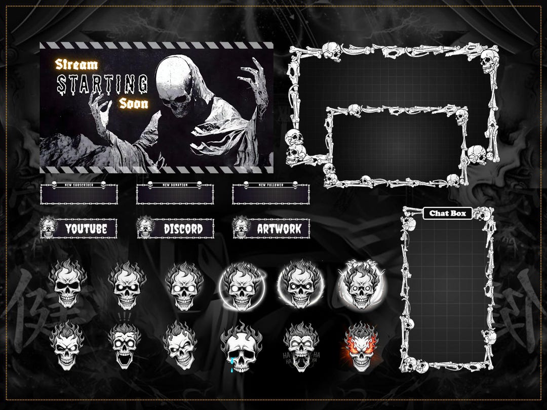Skull Stream Overlay Pack | Gothic Animated Twitch Screens (instant ...
