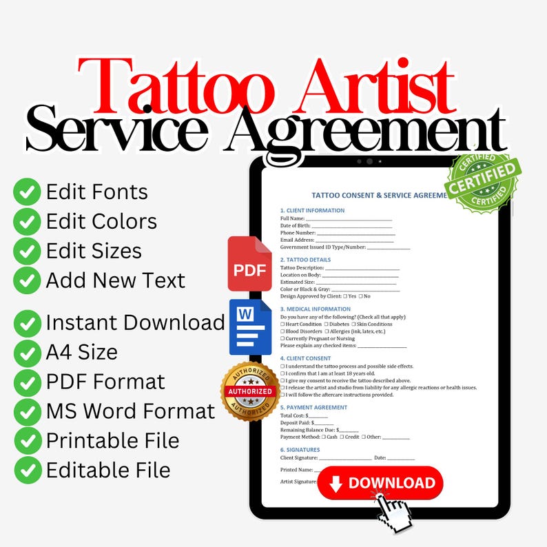 Editable Tattoo Consent Form, Tattoo Artist Form, Tattoo Client Intake ...