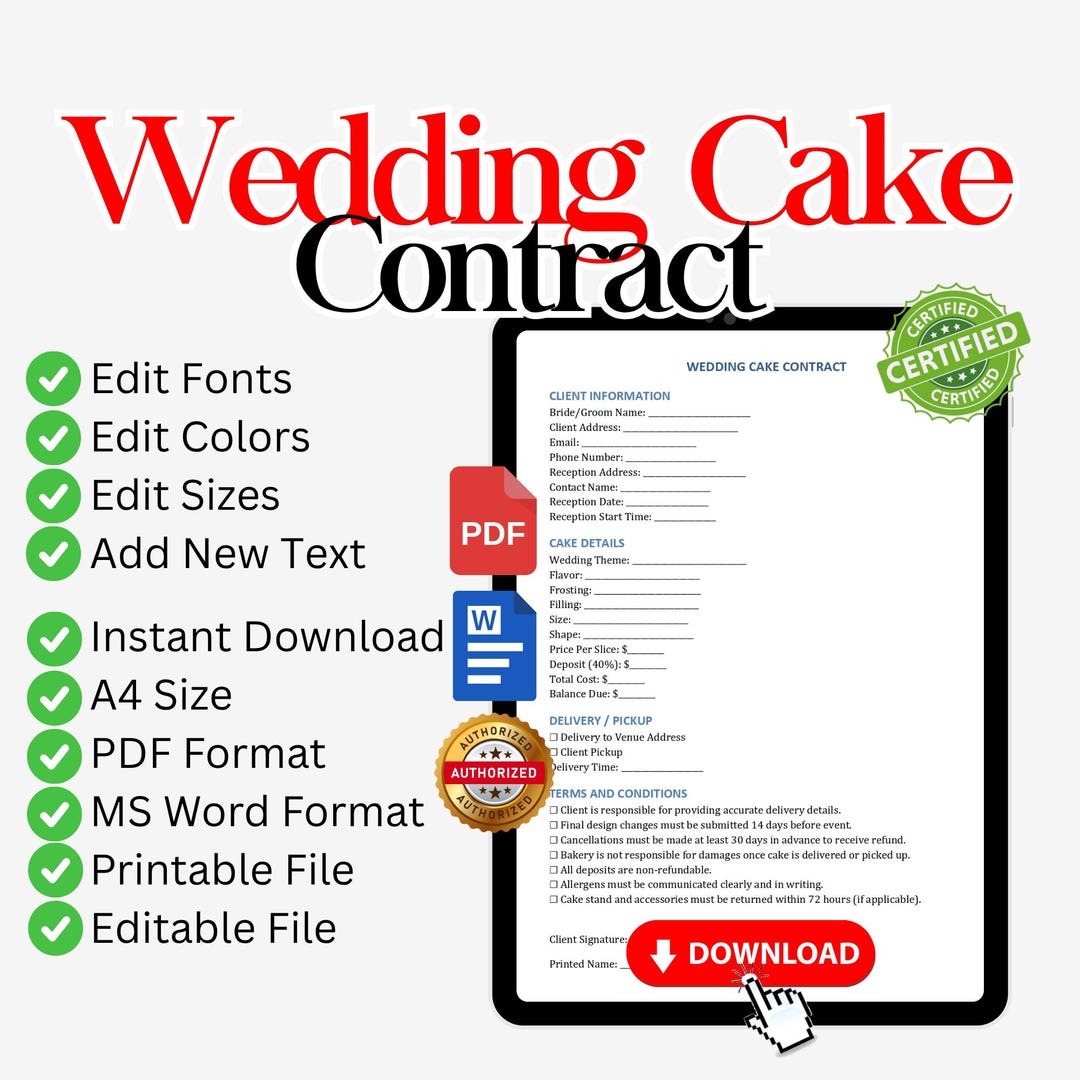 Simple Wedding Cake Contract, Wedding Cake Quote Template, Bakery ...