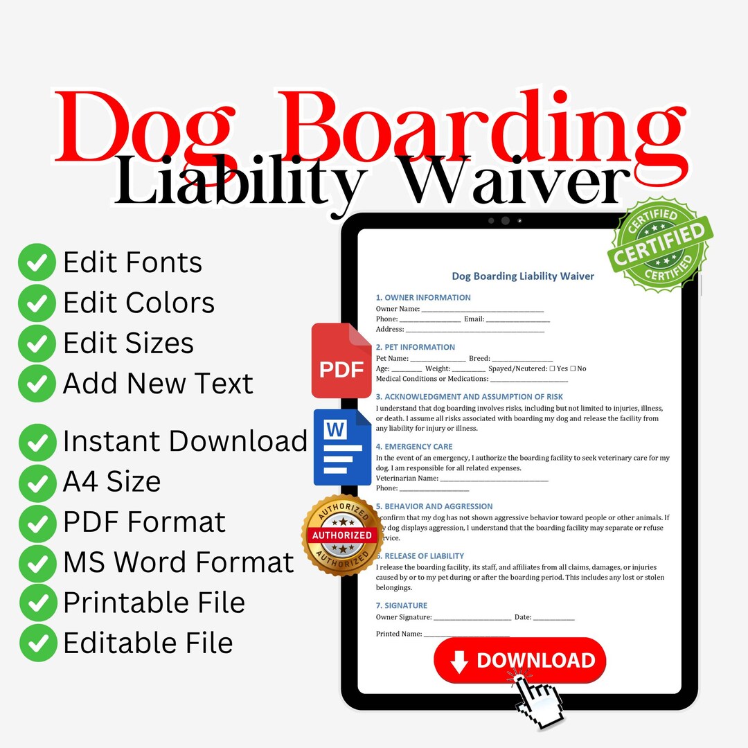 Dog Boarding Liability Waiver Template, Pet Boarding Service Agreement, Editable Pet Care and ...