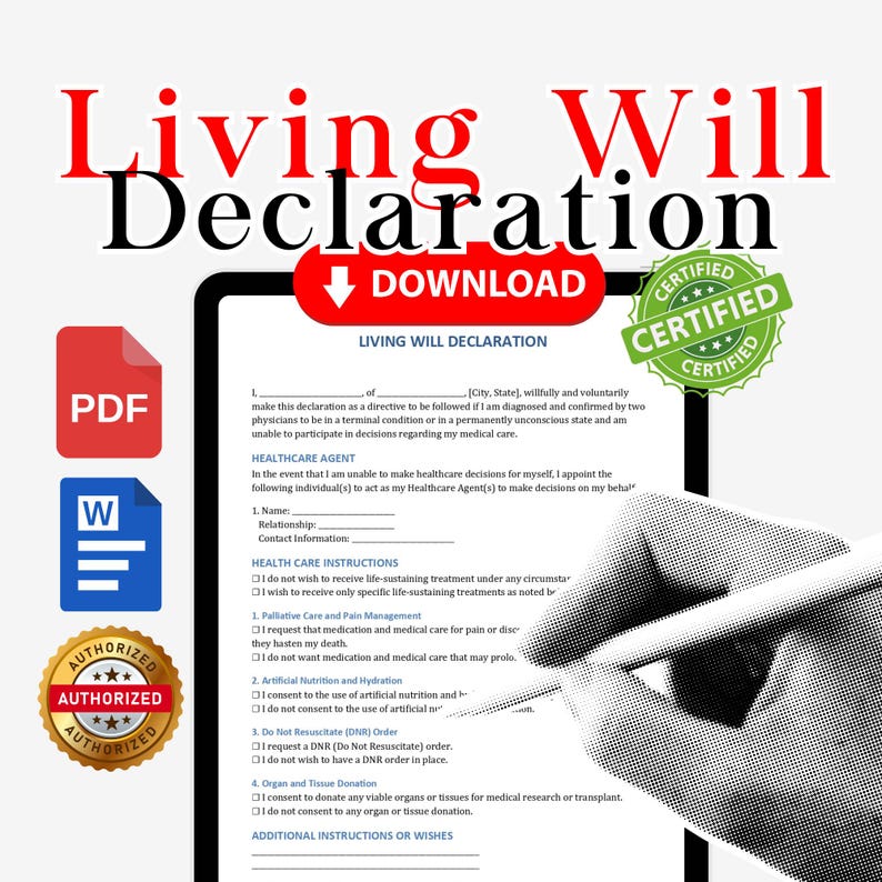Printable Living Will Declaration Template, Living Will Form, Health ...