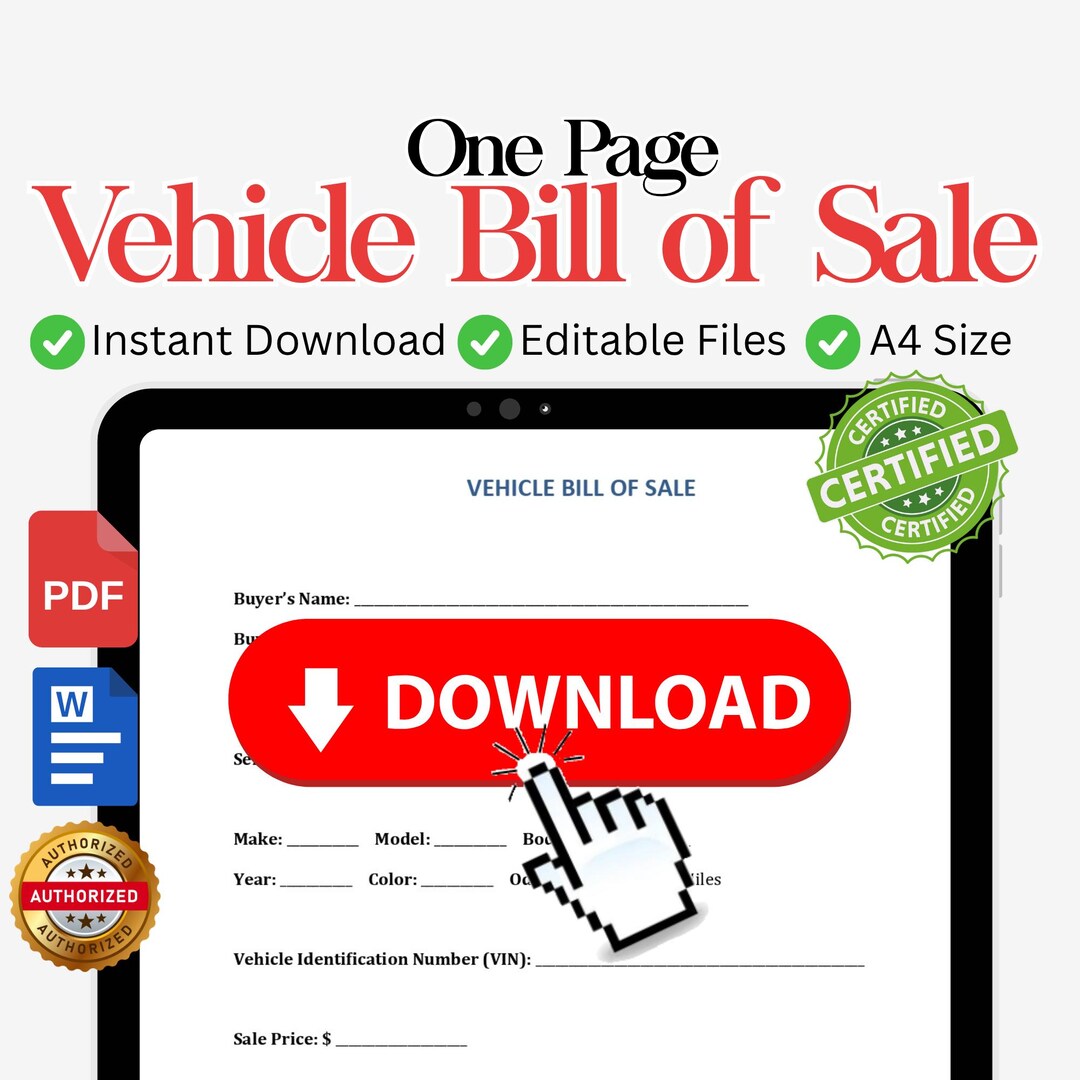 Car Bill of Sale, Auto Bill of Sale, Vehicle Bill of Sale Form, Truck ...