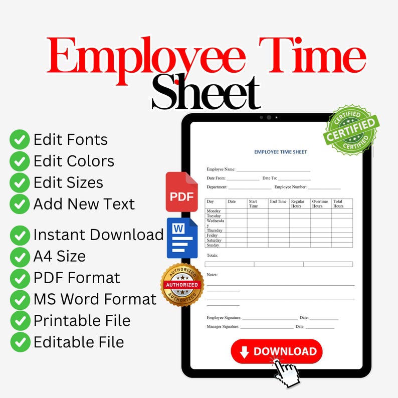 Printable Timesheet, Timekeeping Sheet, Employee Time Sheet, Editable ...