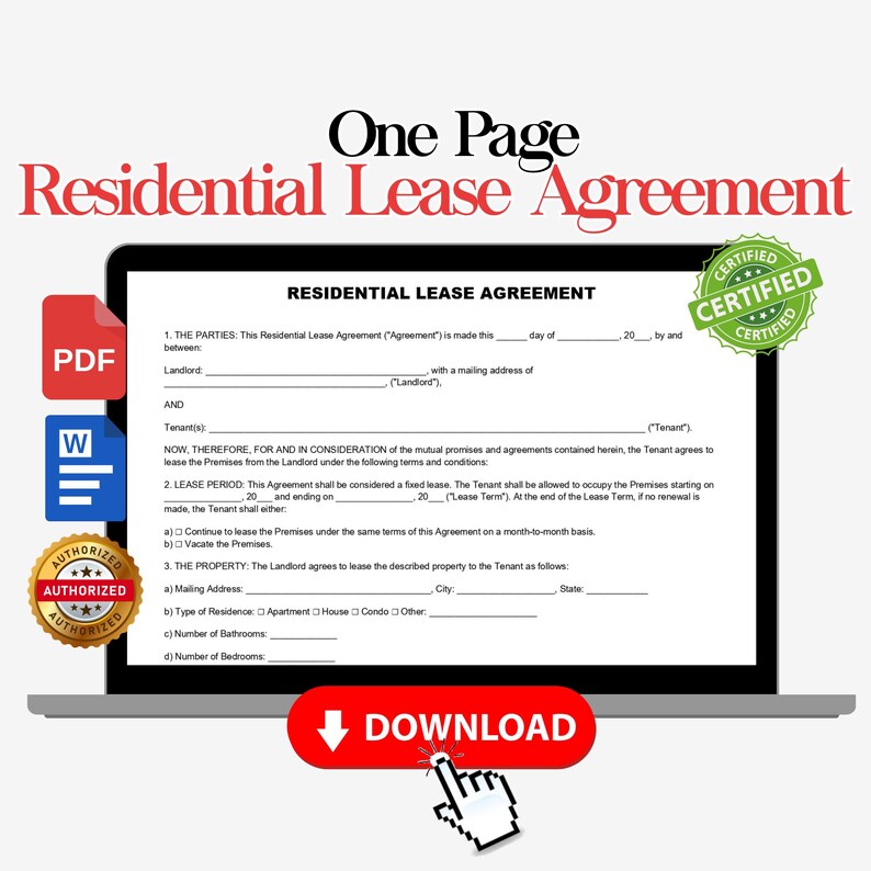 Simple Rental Agreement Template, One Page Lease Agreement PDF ...