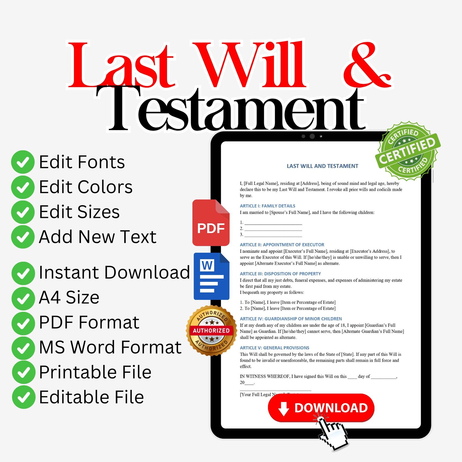 Legal Will Document, Last Will Form, Estate Planning Template ...