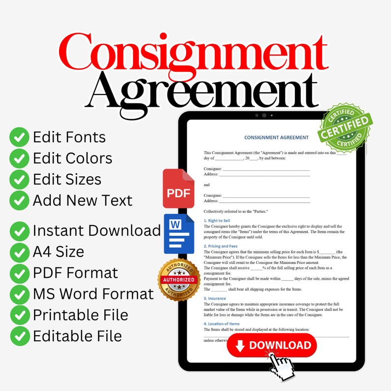 Editable Consignment Contract Template, Printable Consignment Form, Shop Consignment, Vendor ...