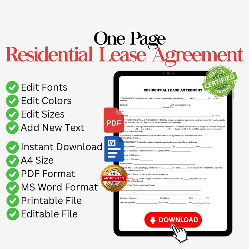 Simple Rental Agreement Template, One Page Lease Agreement PDF ...