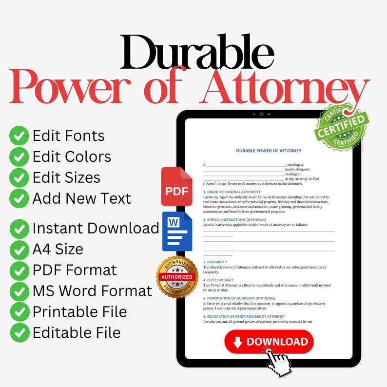 Printable Durable Power of Attorney Form, Durable Power of Attorney ...
