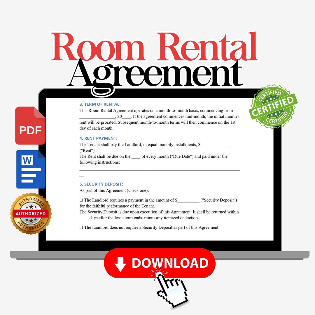 Room Rental Agreement Template, Room Rental Contract, Room to Rent ...