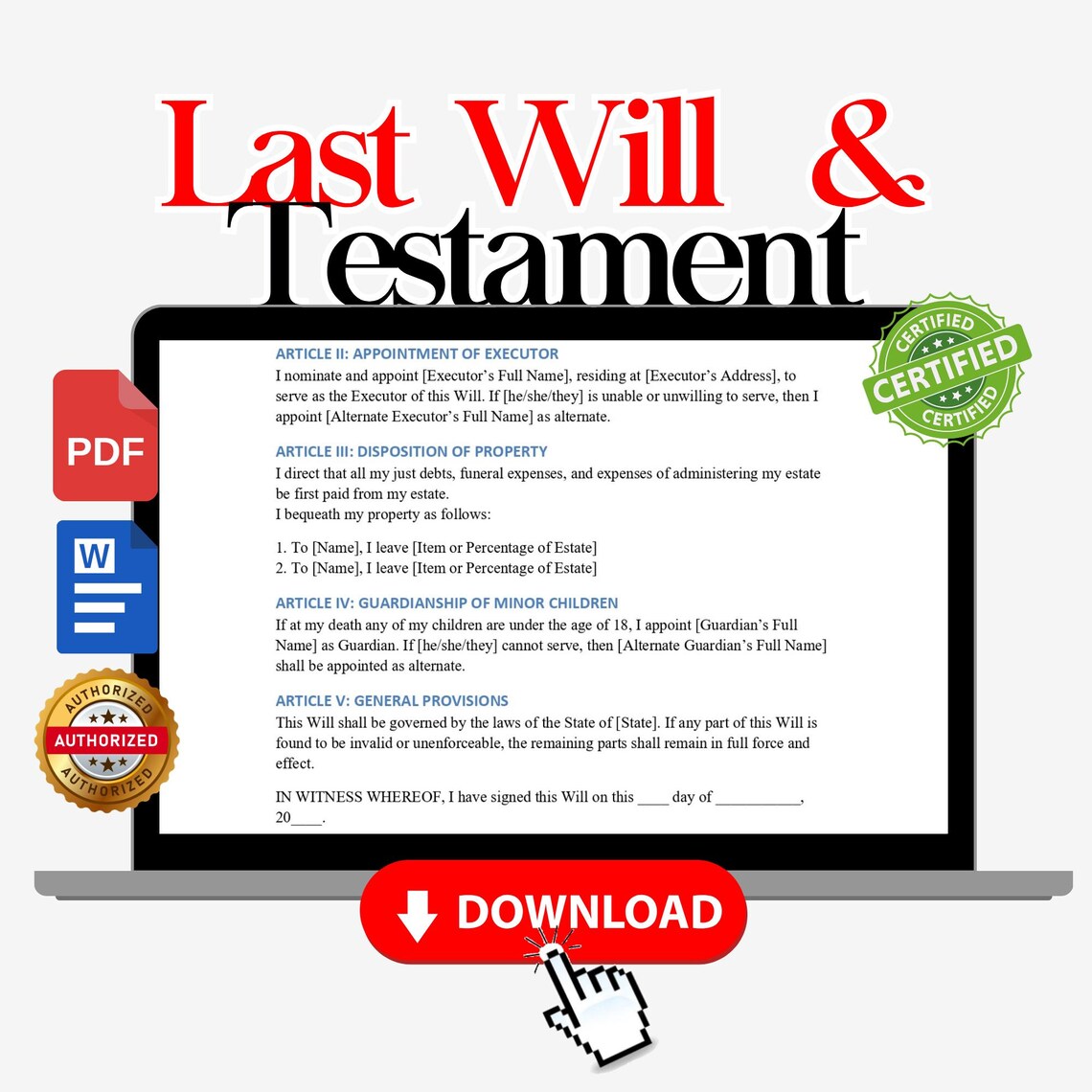 Legal Will Document, Last Will Form, Estate Planning Template, Printable Fillable Will Form ...
