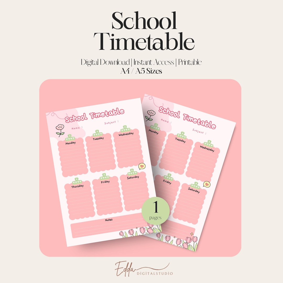 Kids School Timetable Printable | Weekly Class Schedule (PDF & PNG A4 ...