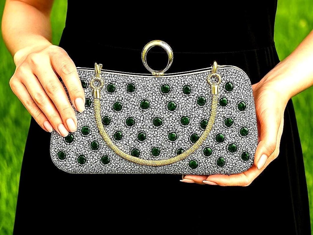 Silver Crystal Clutch With Gold Handle , Emerald Rhinestone Evening Bag ...