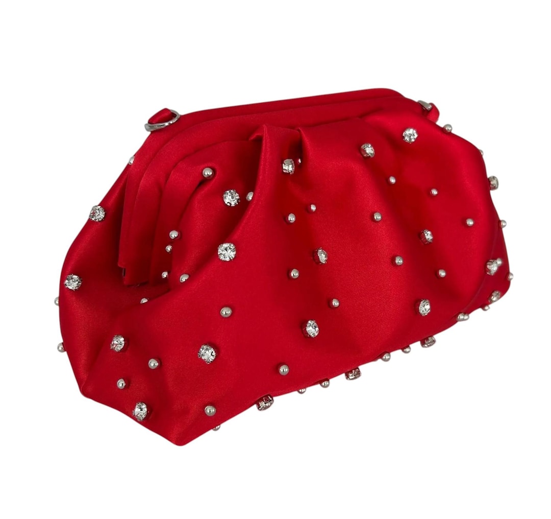 Elegant Satin Red Clutch Bag, Red Satin Stone Embellished Wedding Purse ...