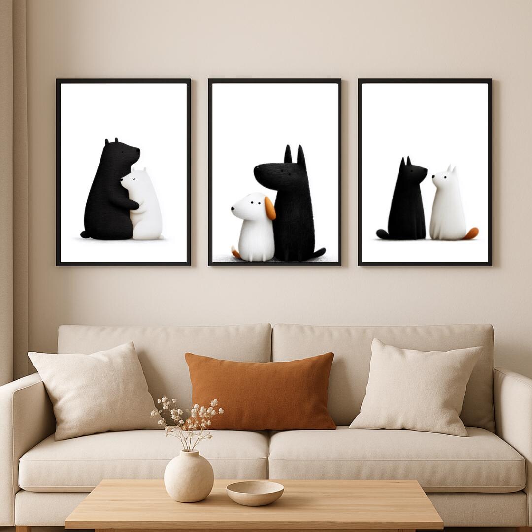 Minimal Animal Hugging Art Set - Black and White Pet Wall Art, Cute ...