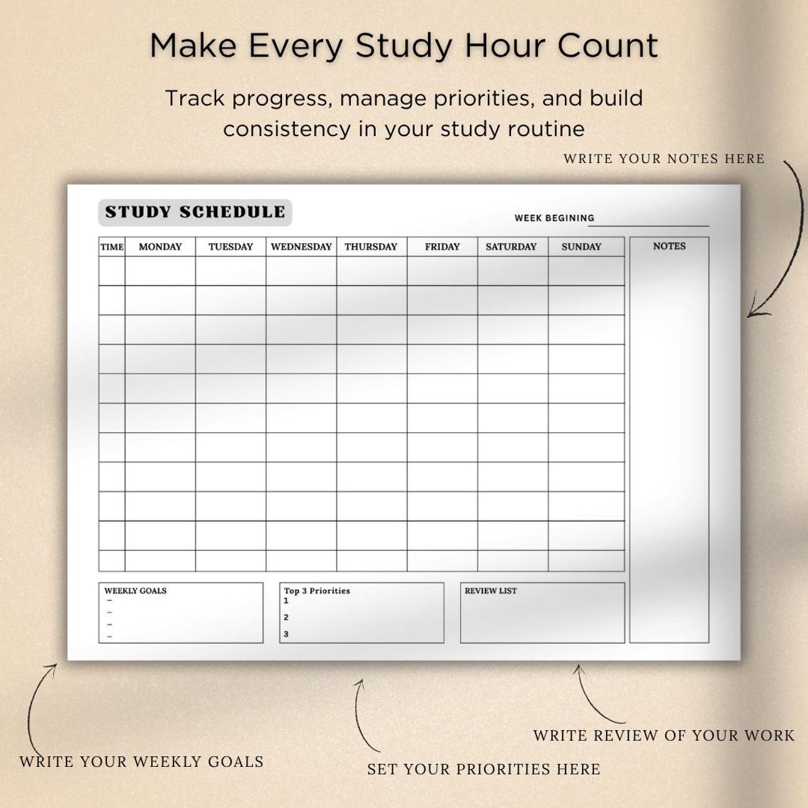 Weekly Study Schedule Printable Set | Revision Timetable | Weekly ...