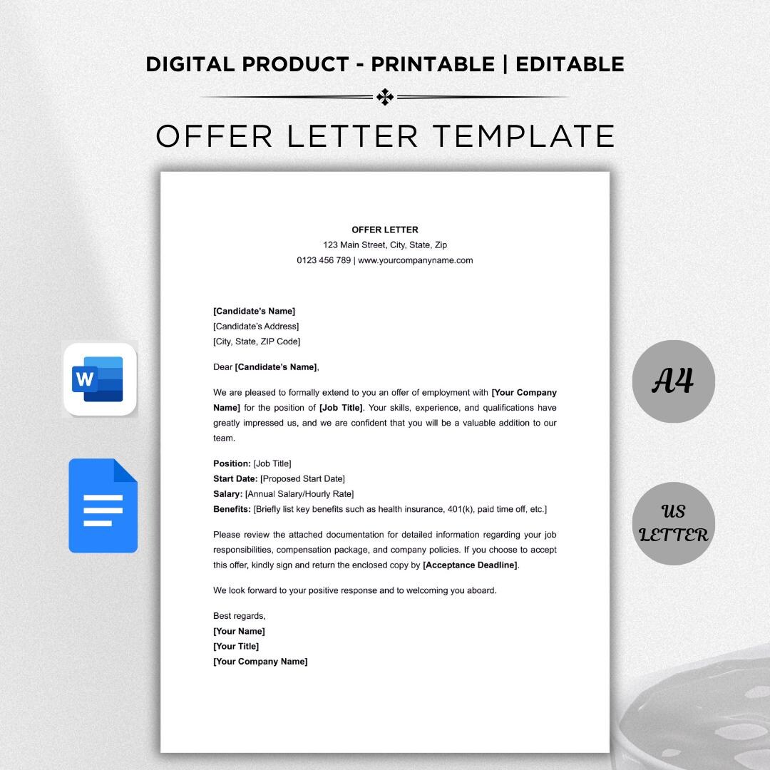 Editable Job Offer Letter Template: HR Forms (word & Google Docs, A4/US ...