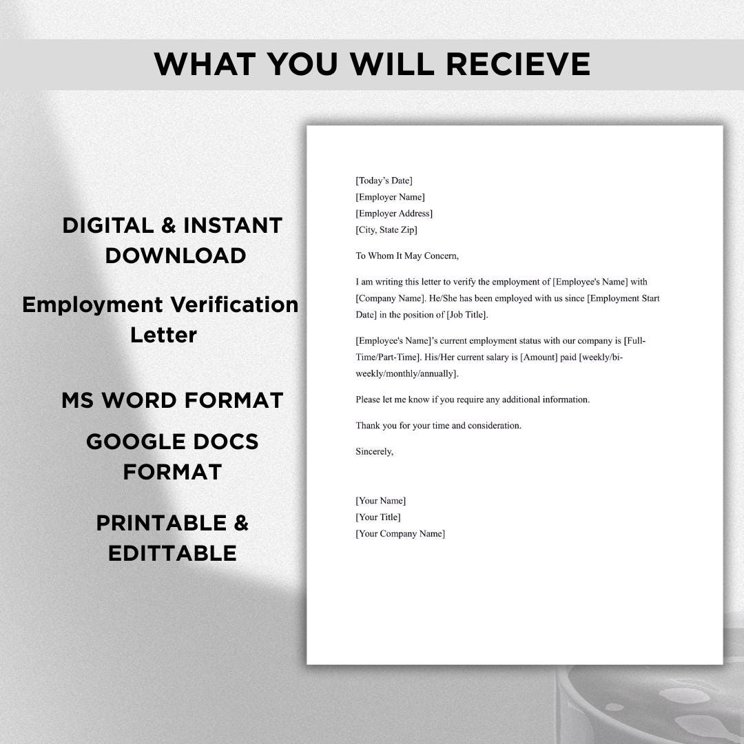 Editable Employment Verification Letter Template: Google Docs & Word ...