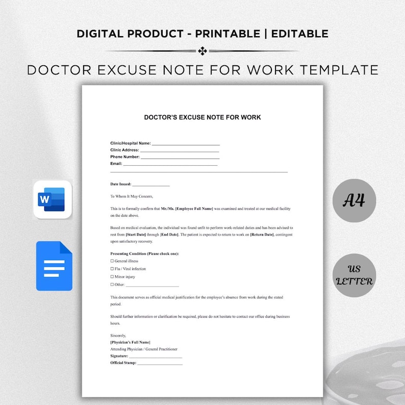 Editable Doctor Excuse Note Template, Sick Leave Certificate (DOCX ...