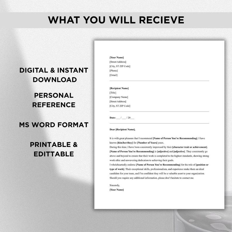 Personal Reference Letter Template. Printable Letter of Recommendation. Recommendation Letter ...